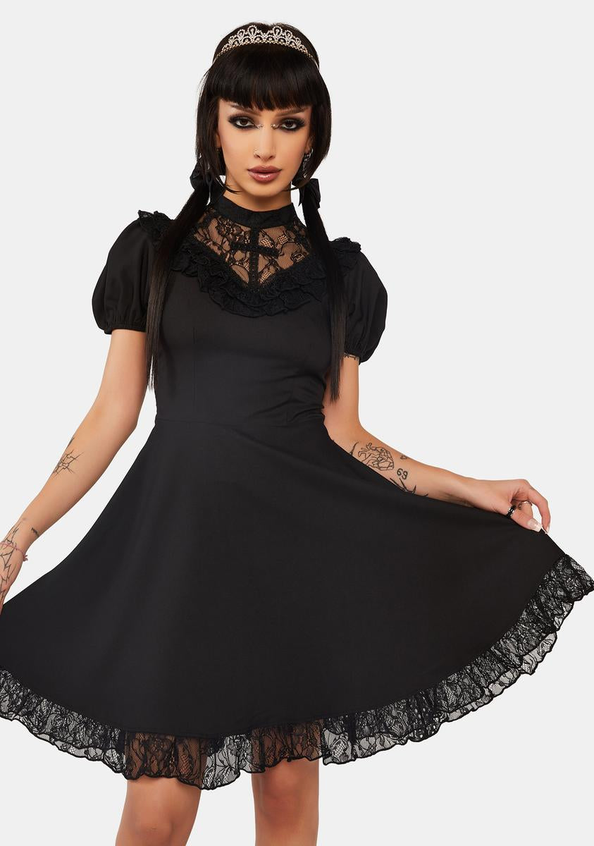 Dark In Love Cross Embroidered Lace Mini Dress - Black – Dolls Kill