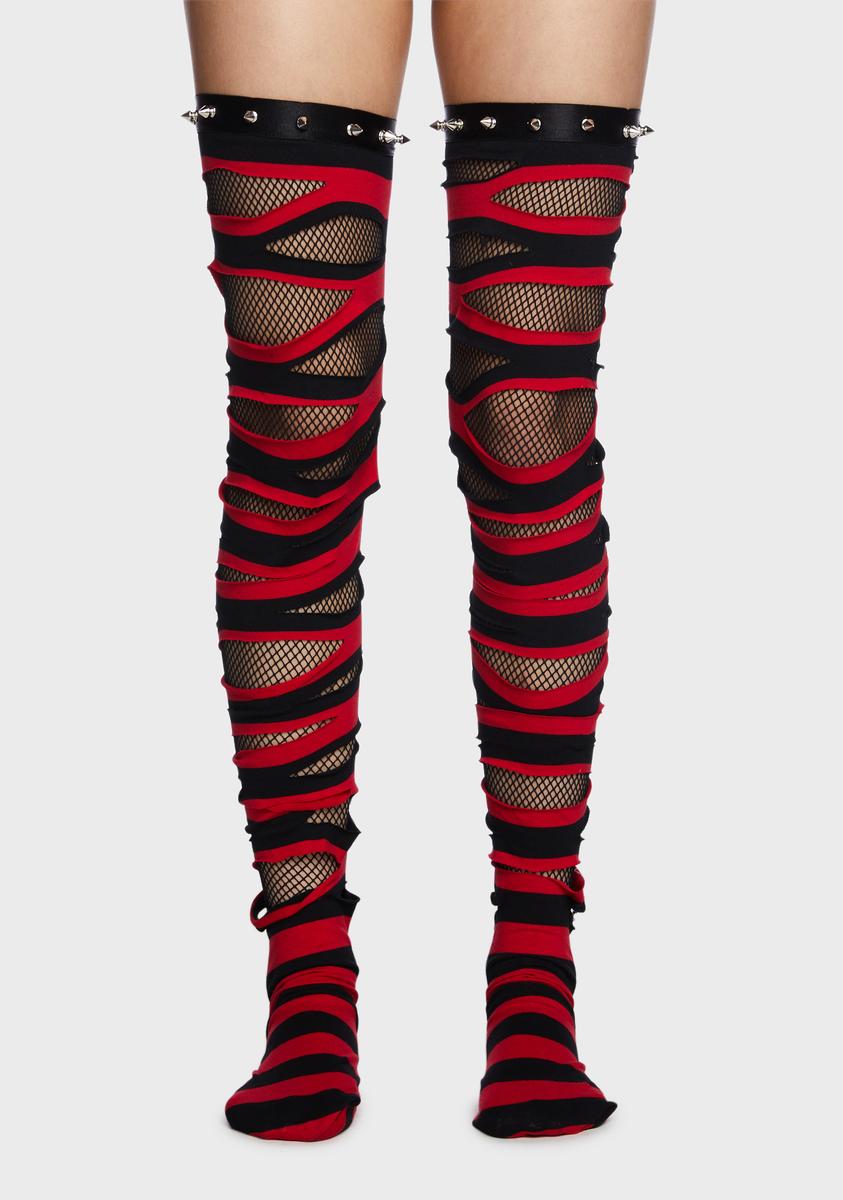 The Grave Girls Distressed Knit Fishnet Thigh High Socks - Black Red ...