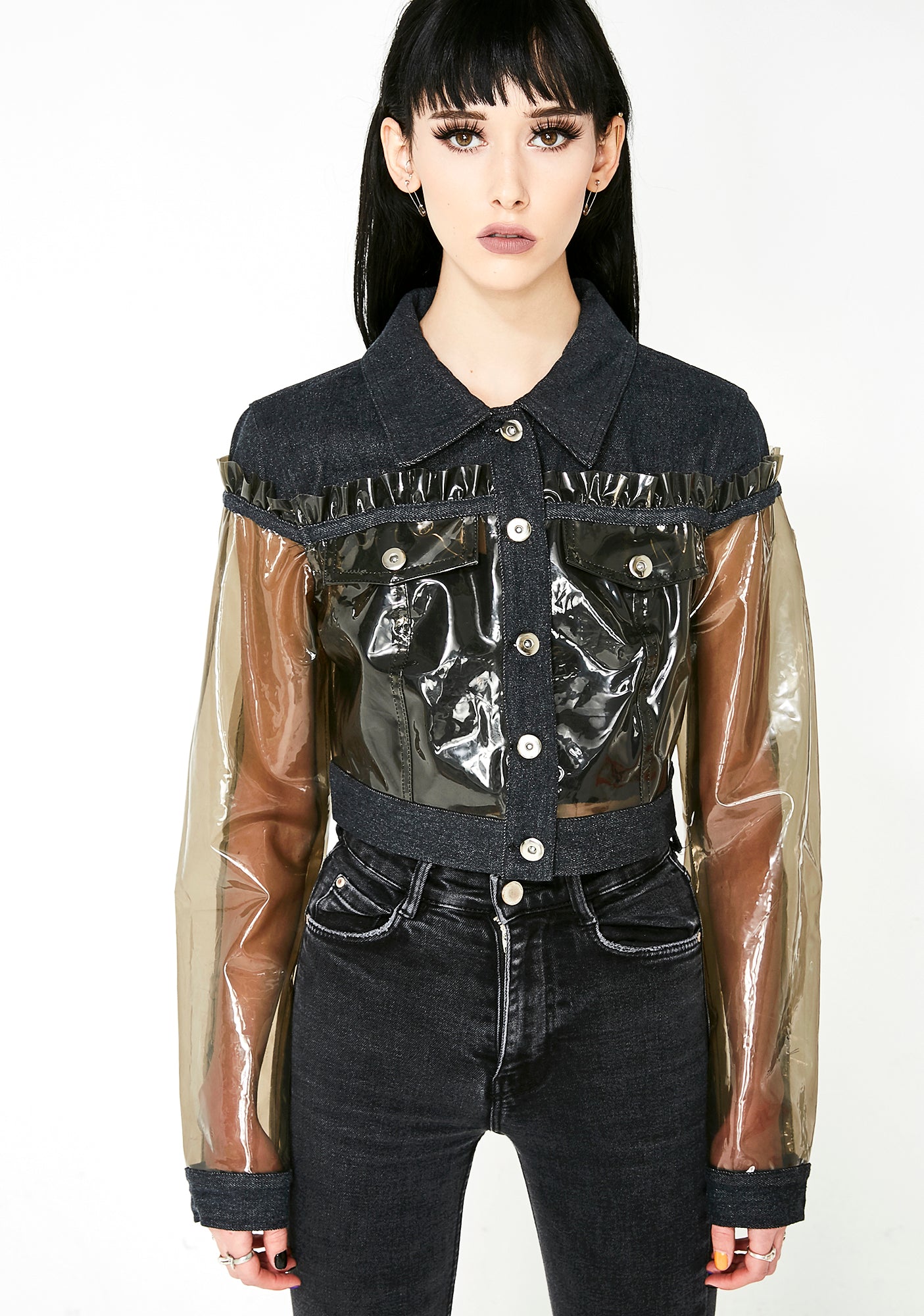 PVC Denim Button Up Cropped Jacket – Dolls Kill