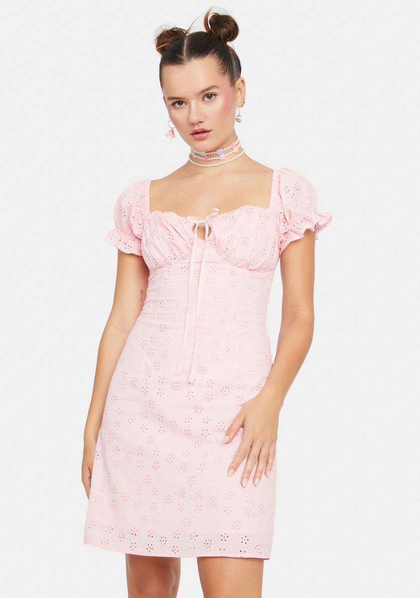Eyelet Fit And Flare Mini Dress - Pink – Dolls Kill