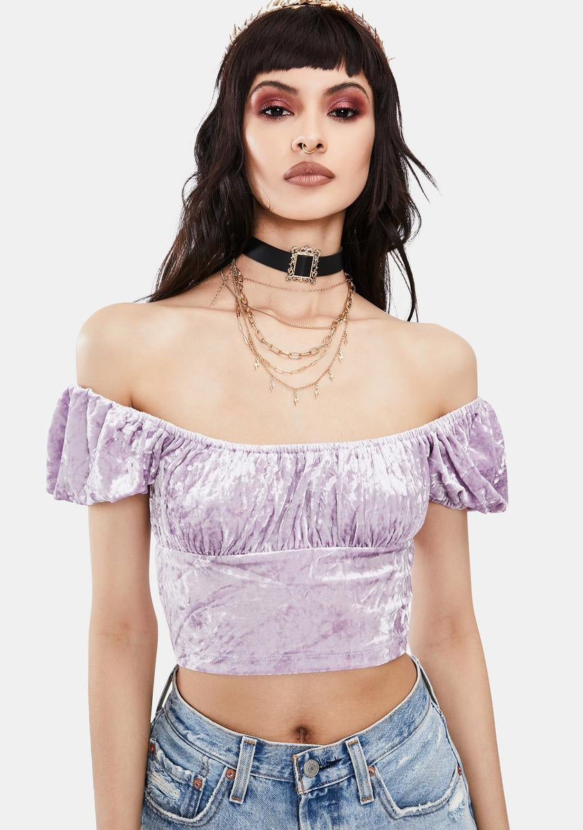 Crushed Velvet Ruched Puff Sleeve Crop Top - Lavender – Dolls Kill