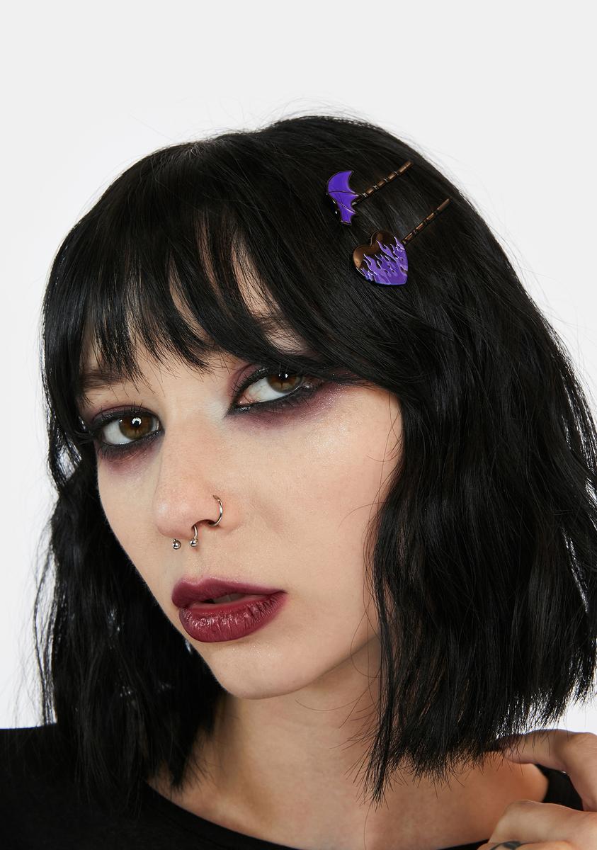 Flame Heart Bat Wing Bobby Pin Set Black Blue – Dolls Kill