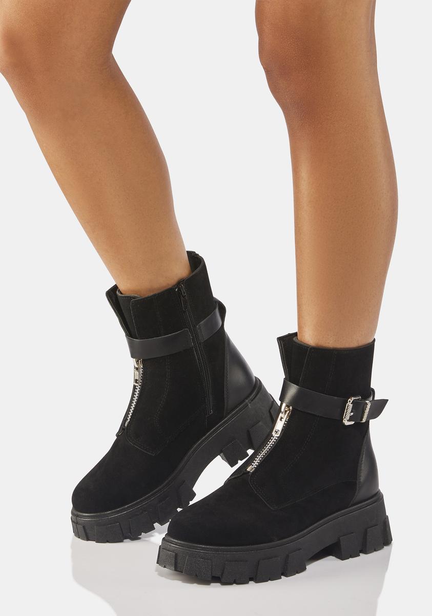 Zip Up Chunky Buckle Strap Boots - Black – Dolls Kill